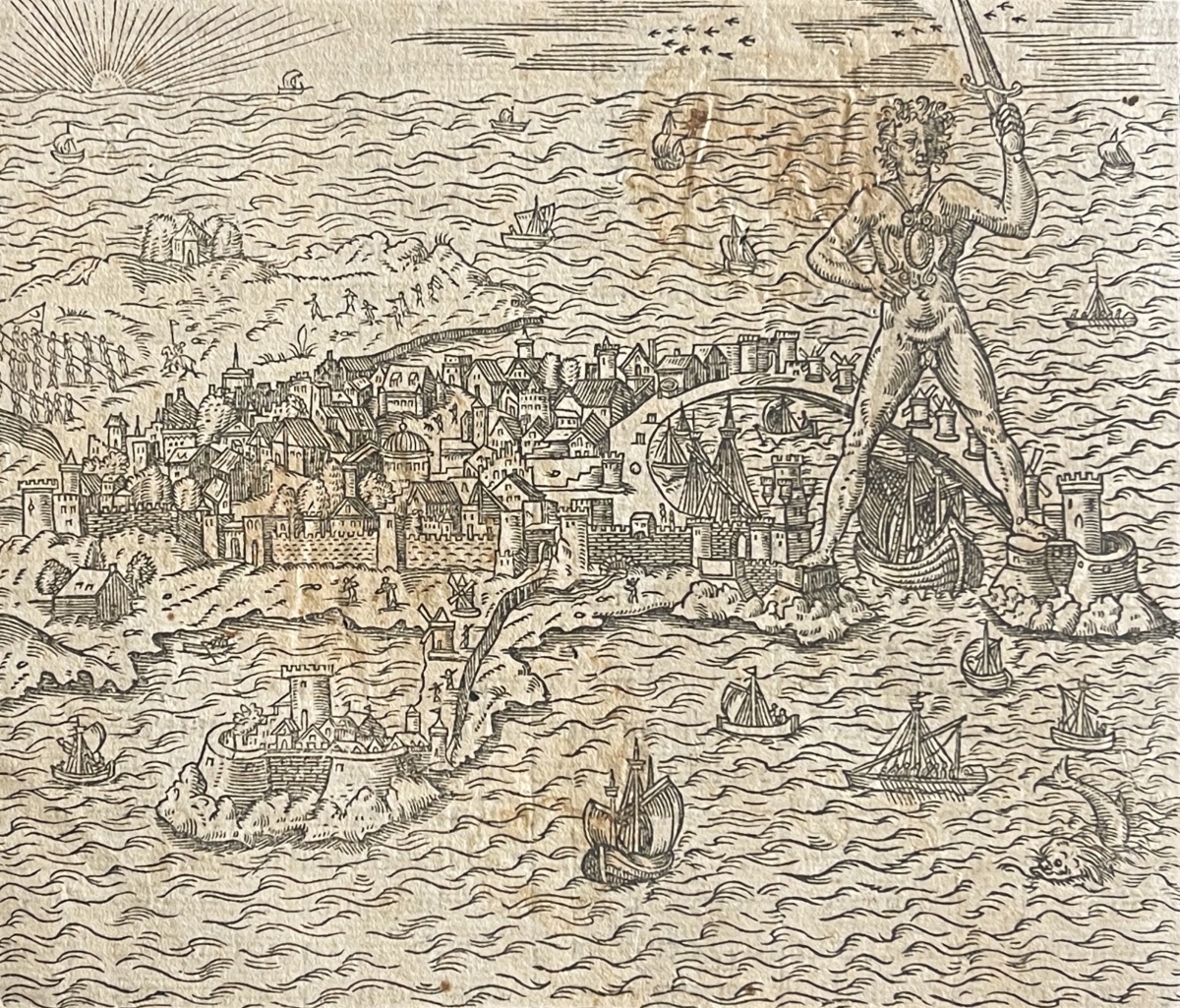 Grèce Colosse de Rhodes d'après André Thevet (1504-1592) gravure 1575